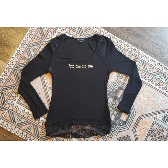 bebe | Tops | Vintage Y2k Bebe Top Lace Black Long Sleeve Made In Usa L ...